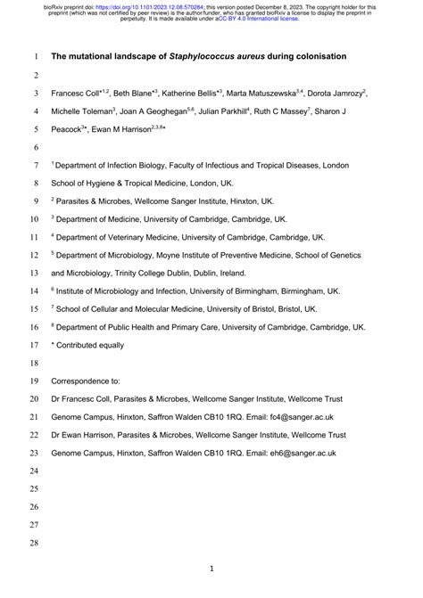 Pdf The Mutational Landscape Of Staphylococcus Aureus During Colonisation
