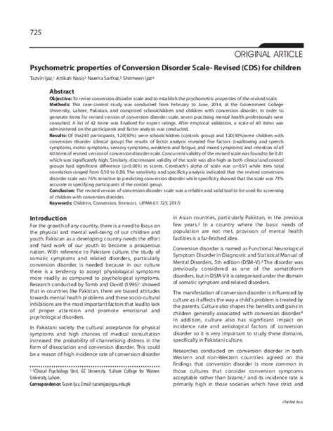 Pdf Psychometric Properties Of Conversion Disorder Scale Revised