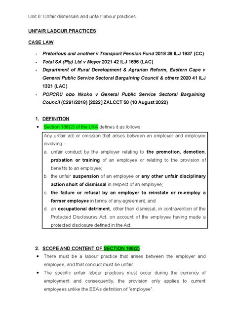 Unfair Labour Practices Notes Unit 6 Unfair Dismissals And Unfair Labour Practices Unfair