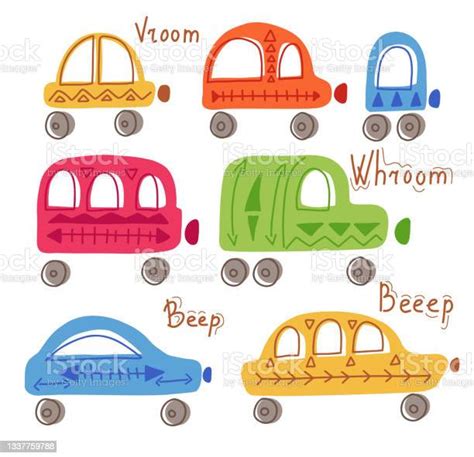 귀여운 유치한 손의 세트는 부족 패턴과 흰색 배경에 글자 와 플랫 카를 그린 민속 예술과 벡터 멀티 컬러 자동차 0명에 대한