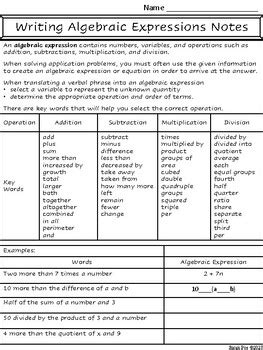 Writing Algebraic Expressions Notes And Practice Activity TPT