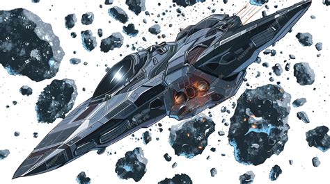 The Spaceship Is Flying Through An Asteroid Field The Ship Is Sleek And