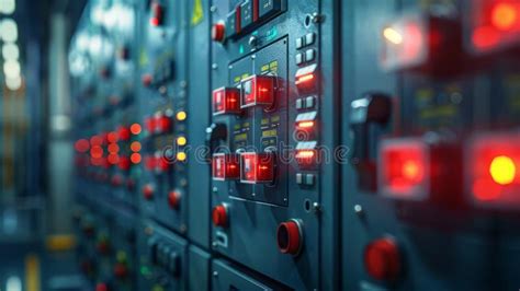 Detailed Control Switches And Emergency Buttons In A Compact Electrical Room Stock Illustration