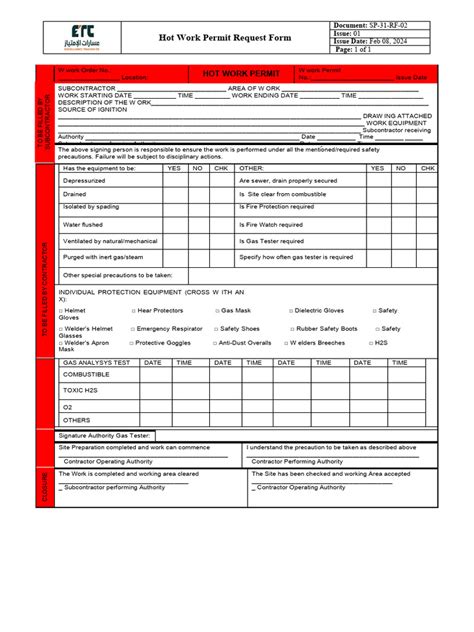 Sp 31 Rf 02 Hot Work Permit Request Form Pdf Occupational Safety And Health Safety