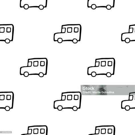 손으로 그린 학교 버스와 매끄러운 패턴 흰색 배경에 격리 된 낙서 스타일 벡터 그림입니다 인테리어 디자인 벽지 포장 포스터 카드 검은색에 대한 스톡 벡터 아트 및 기타