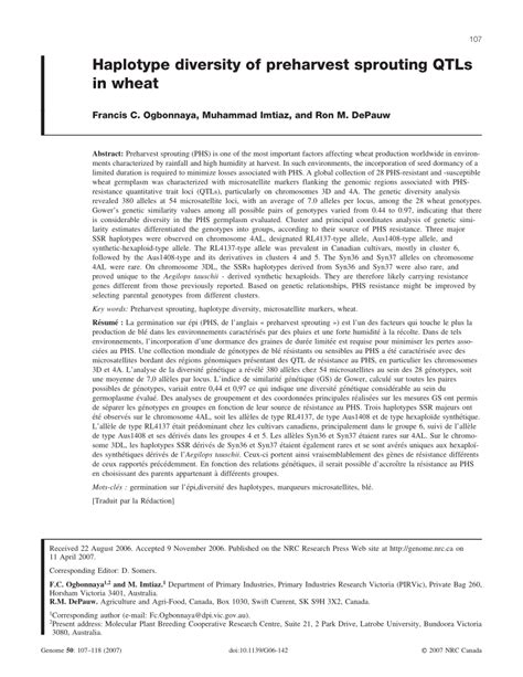 Pdf Haplotype Diversity Of Preharvest Sprouting Qtls In Wheat