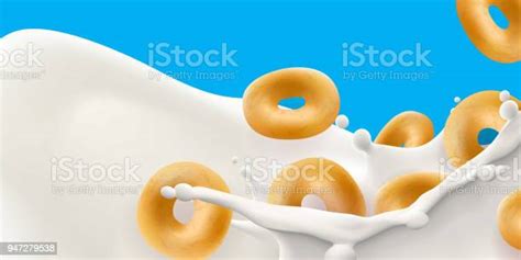 옥수수는 큰 우유 스플래시 광고 전단지 벡터 일러스트 레이 션에에서 반지 시리얼 제품 광고 Broshure 포스터 또는 라벨 디자인을 위한 고품질 예술 3차원 형태에 대한