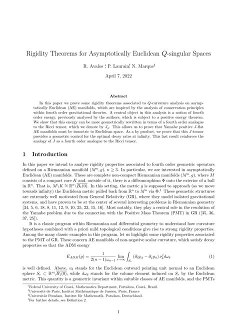 Pdf Rigidity Theorems For Asymptotically Euclidean Q Singular Spaces