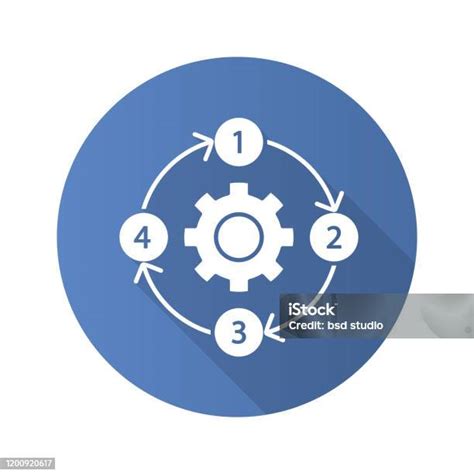 프로세스 다이어그램 평면 디자인 긴 그림자 문말 아이콘 Pfd 플로우시트 연속 프로세스 맵 배포 순서도입니다 단계별 계획 구현 원을 그리며 이동합니다 벡터 실루엣