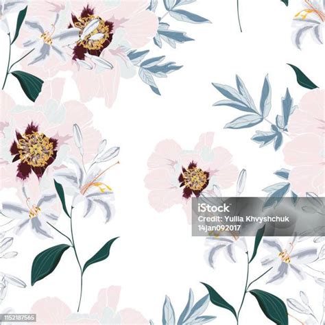 핑크 모란 꽃과 백합 꽃 완벽 한 패턴입니다 직물 인쇄 웨딩 장식 초대장 배경 화면에 대 한 봄 피는 0명에 대한 스톡 벡터 아트 및 기타 이미지 Istock