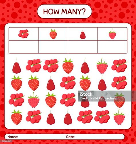 얼마나 많은 계산 게임 레드 베리 장미 사과 딸기 우그니 유치원 아이들을위한 워크 시트 어린이 활동 시트 인쇄 가능한 워크 시트 0명에 대한 스톡 벡터 아트 및 기타 이미지
