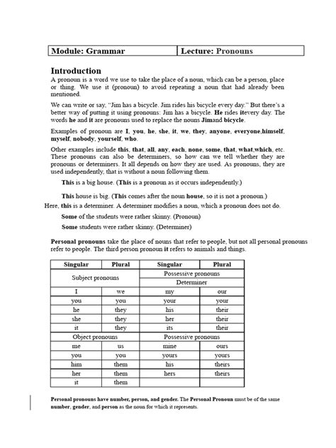 Unit Three 3 Pronouns Pdf Grammatical Gender Grammatical Number