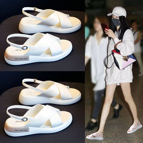 潮牌白色凉鞋女夏季2023年新款女士鞋子百搭平底厚底松糕坡跟中跟虎窝淘