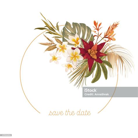 보호 꽃 웨딩 벡터 프레임 수채화 열대 꽃 오키드 마른 야자수 잎 결혼 의식 국경 템플릿 최소한의 초대 카드 장식 화환 여름 배너 건조한에 대한 스톡 벡터 아트 및 기타
