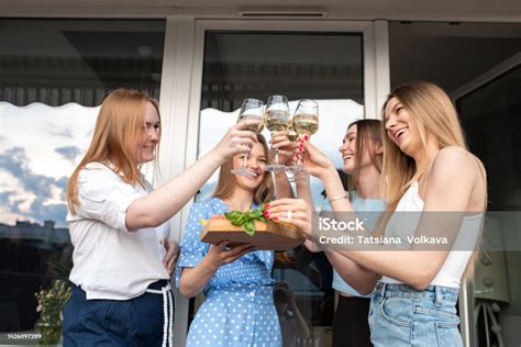 야채를 들고 있는 젊은 행복해 보이는 여성들의 초상화 화이트 와인 잔을 꽉 막고 집 근처에 서 있는 모습 여름에 대한 스톡 사진 및 기타 이미지 Istock