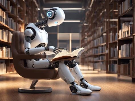 AI Robot Android Robot Studying A Book In The Library Smart Robot With A Book AI Generated