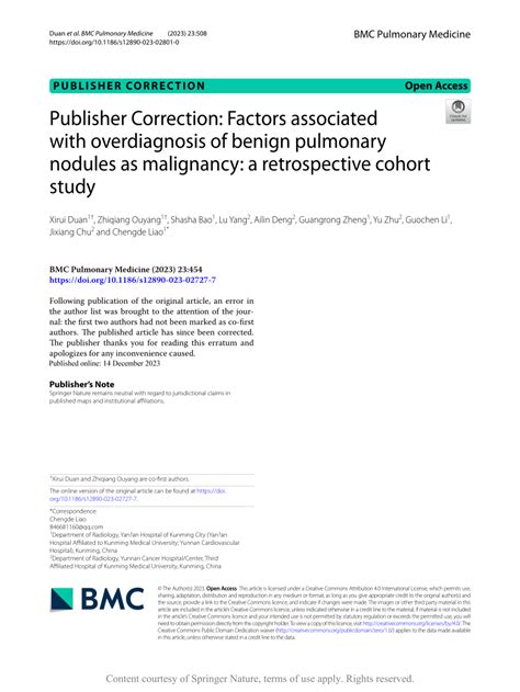 Pdf Publisher Correction Factors Associated With Overdiagnosis Of Benign Pulmonary Nodules As