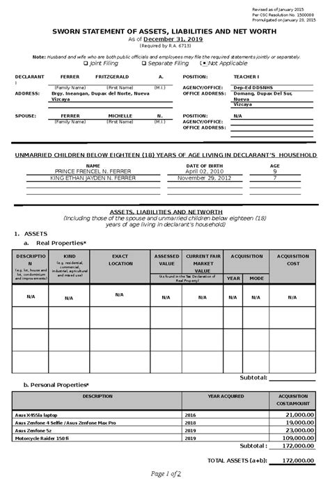 2015 Saln Form Honey New Revised As Of January 2015 Per Csc Resolution No Promulgated On