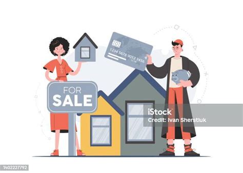 여자와 남자는 팔린 푯말과 돼지 저금통으로 완전히 성장합니다 부동산 소개 업자 플랫 스타일 프리젠 테이션 사이트를위한 요소 가득 찬에 대한 스톡 벡터 아트 및 기타 이미지