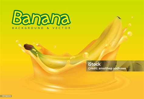 바나나 주스 스플래시 광고 열대 과일의 달콤한 계절 3d 사실적인 벡터 식품 컨셉 디자인 텍스트 및 브랜딩을 위한 여유 공간입니다 개체 그룹에 대한 스톡 벡터 아트 및 기타