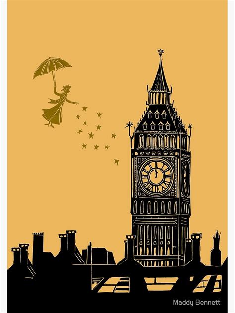 Mary Poppins And Big Ben Linocut In Black And Yellow Poster For Sale