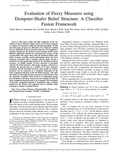 Pdf Evaluation Of Fuzzy Measures Using Dempstershafer Belief Structure A Classifier Fusion