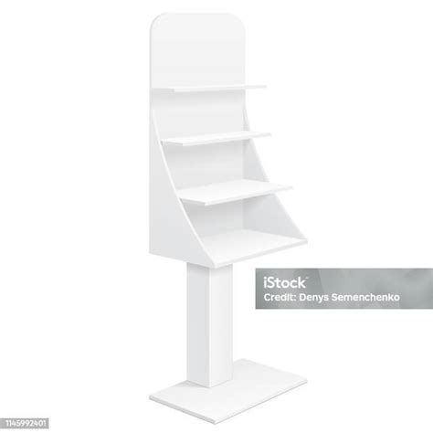 탁상 스탠드 슈퍼마켓 빈 빈 디스플레이 대 한 골 판지 바닥 디스플레이 랙 고립 된 흰색 배경에 모의 선반 제품 디자인을 위한 준비 제품 광고 벡터 Eps10 3차원 형태에