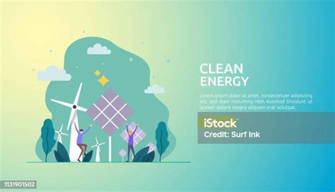 녹색 청정 에너지 원 재생 가능한 전기 태양 전지 패널과 풍력 터빈 사람 캐릭터와 환경 개념입니다 웹 랜딩 페이지 템플릿 배너 프레젠테이션 소셜 및 인쇄 미디어 제로