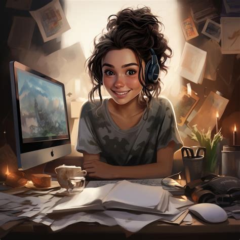 Premium Photo There Is A Woman Sitting At A Desk With A Computer And A Cup Of Coffee Generative Ai