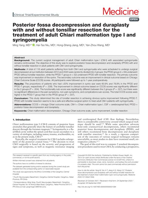 Pdf Posterior Fossa Decompression And Duraplasty With And Without Tonsillar Resection For The