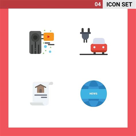 Mobile Interface Flat Icon Set Of 4 Pictograms Of Camera Document Recorder Charge Building