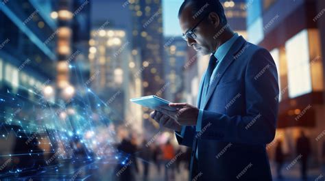 Premium Ai Image Businessman Using Tablet Analyzing Sales Data And Economic Growth Business