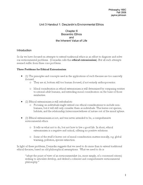 Bio Centric Ethics And The Inherent Value Of Life Notes Phil 160 Docsity