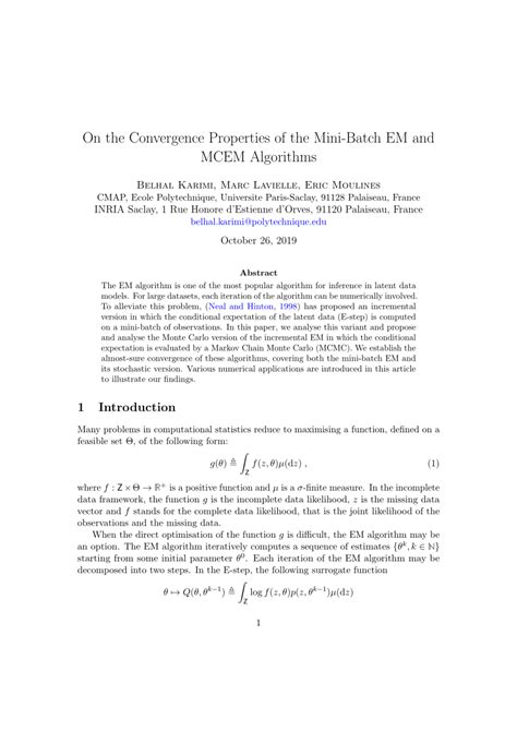 Pdf On The Convergence Properties Of The Mini Batch Em And Mcem Algorithms