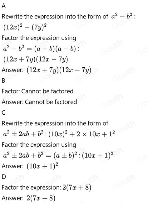 Solved Which Of These Can Factor Using Difference Of Two Squares C A 144x 2 49y 2 X 2 4x 1 B