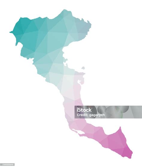 코르푸의 다각형 지도 에메랄드 자수정 색상의 섬에 대한 기하학적 그림 낮은 폴리 스타일의 코르푸지도 기술 인터넷 네트워크 개념 벡터 일러스트 레이 션 고대 그리스 양식에