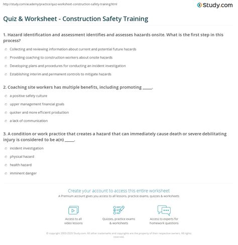 Quiz And Worksheet Construction Safety Training