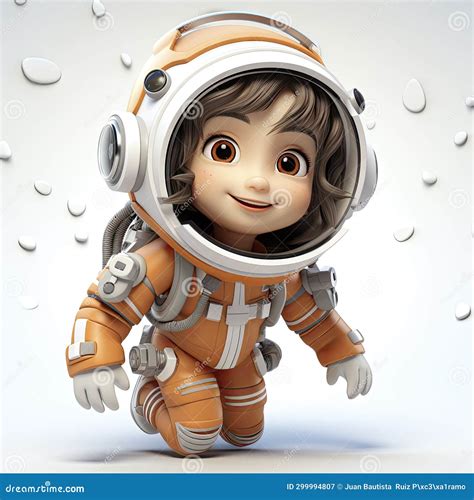 Joyful Animated Young Girl Astronaut Floating In Zero Gravity Stock