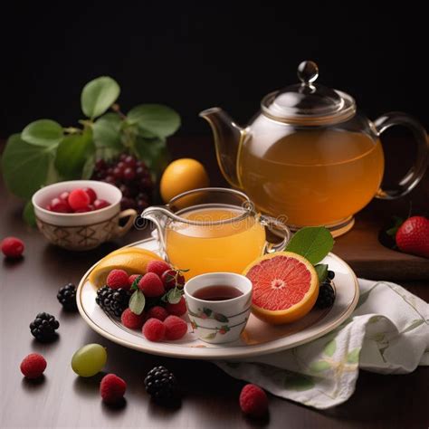 Tangy And Slightly Sweet Omija Cha Tea In A Teapot With Fresh Fruits On Table Stock Illustration