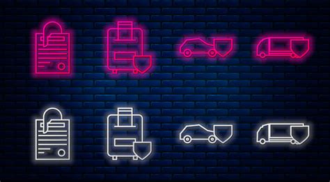 세트 라인 여행 수하물 보험 방패 파일 문서 및 종이 클립 및 방패와 배달화물 트럭 자동차 벽돌 벽에 빛나는 네온 아이콘입니다 벡터 0명에 대한 스톡 벡터 아트 및 기타