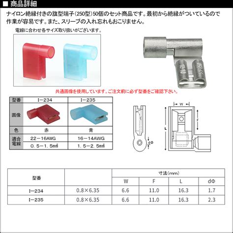 絶縁付き 旗型端子 250型 50個セット メール便可