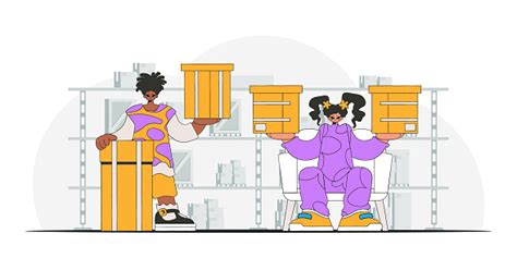 유쾌한 남자와 여자가 상자를 들고 있습니다 택배 팀 배송 및 화물 배송의 시각적 표현 가상현실에 대한 스톡 벡터 아트 및 기타 이미지 가상현실 남자 배달 Istock