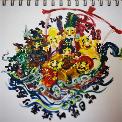 昨日は 初夢 七福神 宝船 ながきよのとおのねふりのみなめさめなみのりふねのおとのよきかな 永き世の遠の眠りの皆目覚め波乗り船の音の良きかな Sevenluckygods