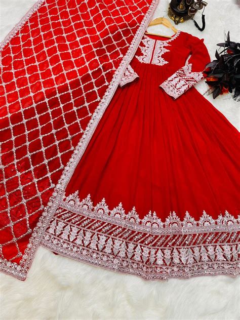 Red Fox Georgette Gown With Sequin Embroidery And Matching D