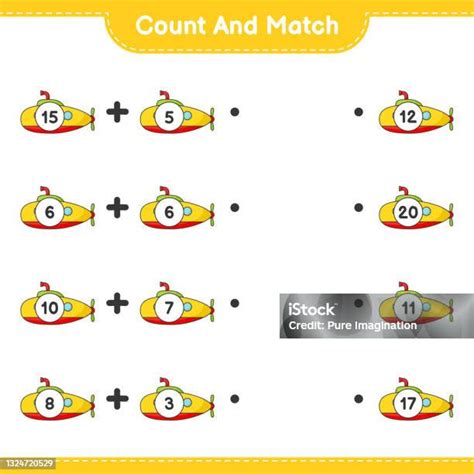 카운트 앤 매치 잠수함 수를 계산하고 올바른 숫자와 일치합니다 교육 어린이 게임 인쇄 워크 시트 벡터 일러스트레이션 0명에 대한