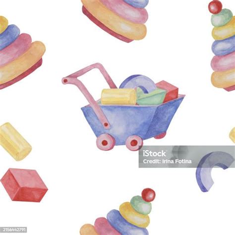 장난감 수레 겹쳐 쌓이는 반지는 우뚝 솟고 이음새가 없는 본을 구획합니다 나무 카트 퍼즐 수채화 섬유 인쇄 아이 옷 보육 벽지 0명에 대한 스톡 벡터 아트 및 기타 이미지