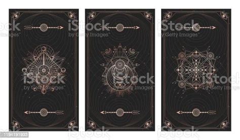 신성한 기호 그런 지 텍스처 와 프레임 세 어두운 배경의 벡터 세트입니다 블랙과 골드 색상의 일러스트 영성에 대한 스톡 벡터