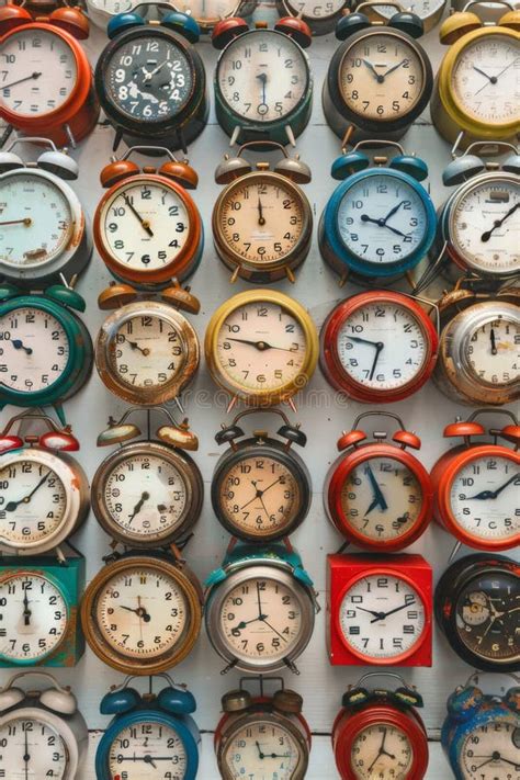 colorful wall composed of many vintage square clocks showing different