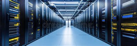 Data Center Corridor With Rows Of Server Racks Illuminated By Blue And Yellow Lights Showcasing