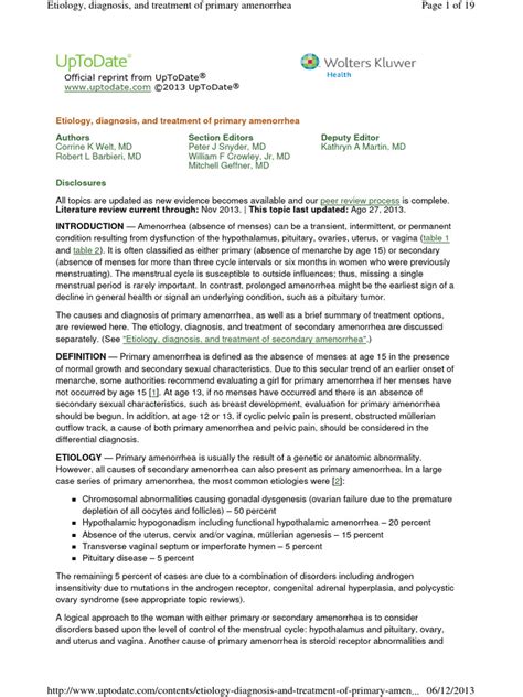 Etiology Diagnosis And Treatment Of Primary Amenorrhea Uptodate 2013
